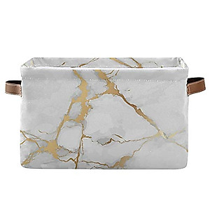 AUUXVA White Gold Marble Storage Basket Bin Large Fabric Toys Storage Cube Box with Handles Collapsible Closet Shelf Cloth Organizer Basket Set of 2 for Nursery Bedroom