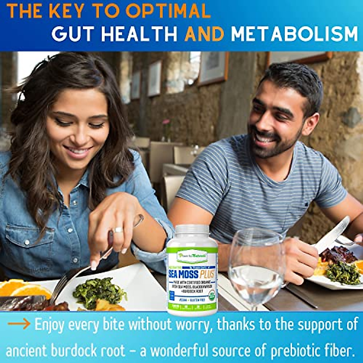 Power By Naturals USDA Organic Sea Moss Plus Bladderwrack and Burdock Root Capsules for Gut Health, Immune Support & Thyroid Supplement (Pure, No Fillers, Wildcrafted Irish SeaMoss Pills) 60Ct.