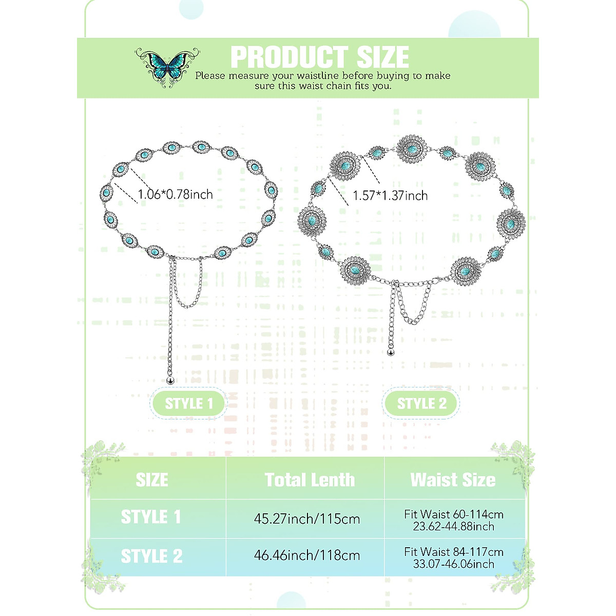 Epakh Turquoise Chain Belt Western Concho Belts for Women Silver Oval Belt Adjustable Metal Waist Belts for Dresses, One Size(Classic Style, 2 Pieces)
