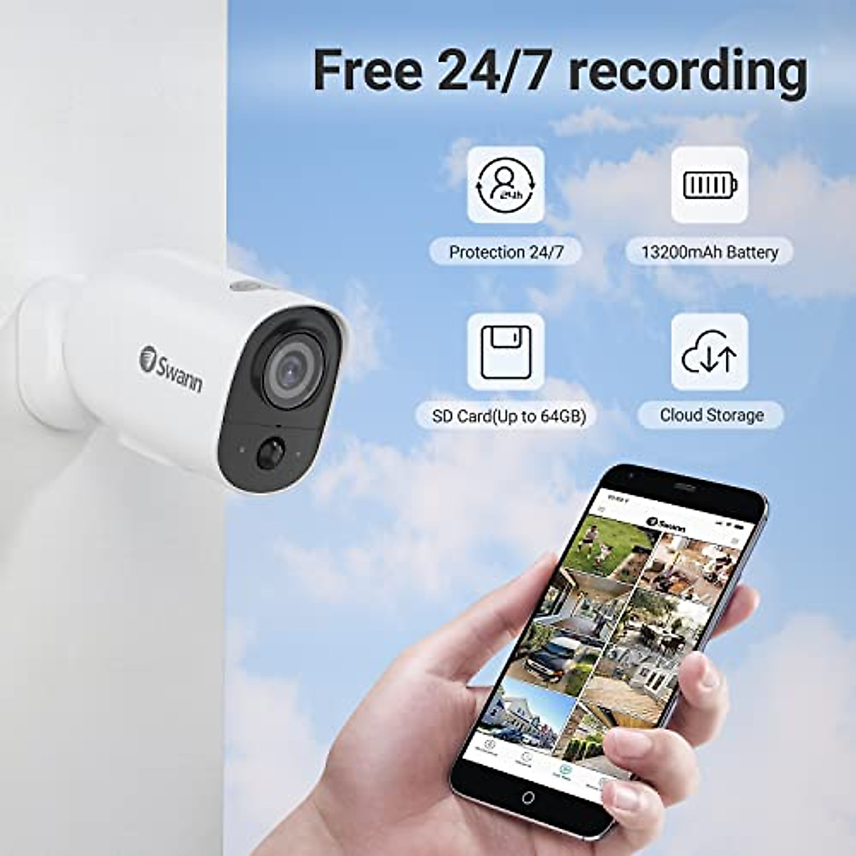Swann Wireless Security Camera, Home Security Camera 1080p Full HD Indoor Outdoor Waterproof, Recharcheable Security Camera with Night Vision, 2-Way Talk, Heat, Motion Person Detection, Smart Alerts