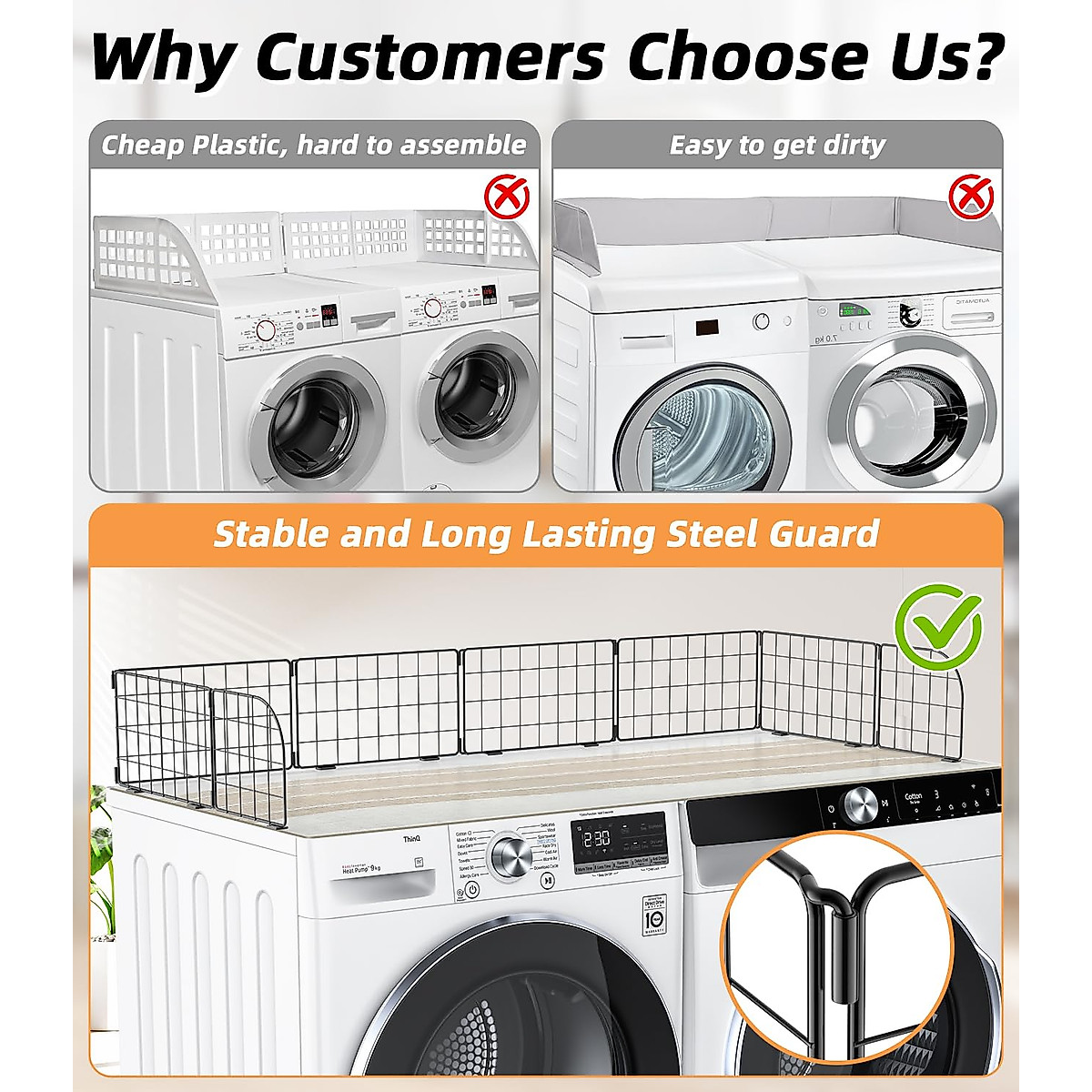 Magnetic Laundry Guard, 49.5'' Wide Metal Laundry Guards for Washer and Dryer with Silicone Gap Cover, Washer Dryer Countertop Organization, Laundry Topper For Most Front-Load and Flat-top Machine