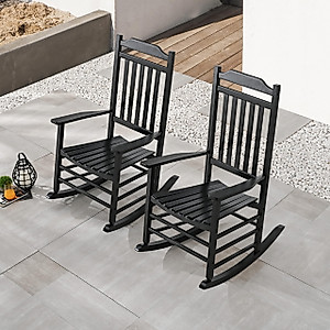 LOKATSE HOME Outdoor Rocking Chair Set of 2 Oversized Wooden Porch Rocker with 300 lbs Weight Capacity, High Back Smooth for Backyard, Lawn, Garden and Deck, Black