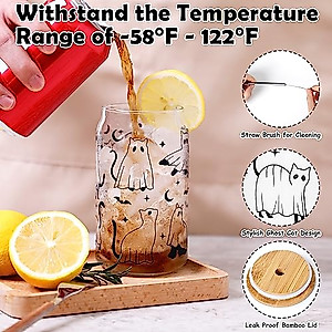 Nefelibata Halloween Ghost Cat Iced Coffee Cup 16 OZ Beer Can Glass Glass with Lid Metal Straw and Brush, Reusable Drinking Jar for Coffee Tea Soda Juice Fall Halloween Christmas Gift Ideas Set of 1