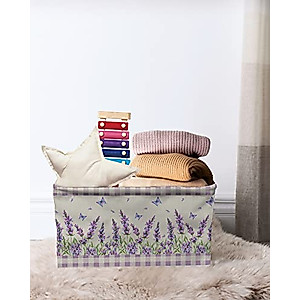 Storage Bins, Lavender with Purple Check Rustic Storage Baskets for Organizing Closet Shelves Clothes Decorative Fabric Baskets Large Storage Cubes with Handles
