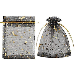 LOAVER 3.5x4.7 Inches Heart Printed Orchid Organza Bags Candy Gift Bags-100Pieces (Stars and Moon Black Bag)