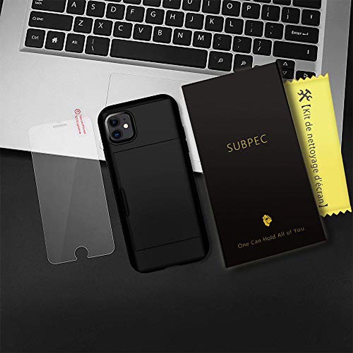 SUPBEC iPhone 11 Case with Card Holder and [Screen Protector Tempered Glass x2Pack] iPhone Wallet Case Cover with Shockproof Silicone TPU + Anti-Scratch Hard PC - Full Protective-2019-6.1"-Black