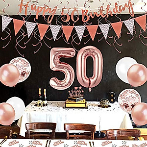 MOVINPE 50th Rose Gold Birthday Decorations, 50th Happy Birthday Banner Pennant Flags 6pcs Hanging Swirl, Number 50 Foil Balloons 8pcs Latex Balloons Cake Toppers Table Confetti for Women