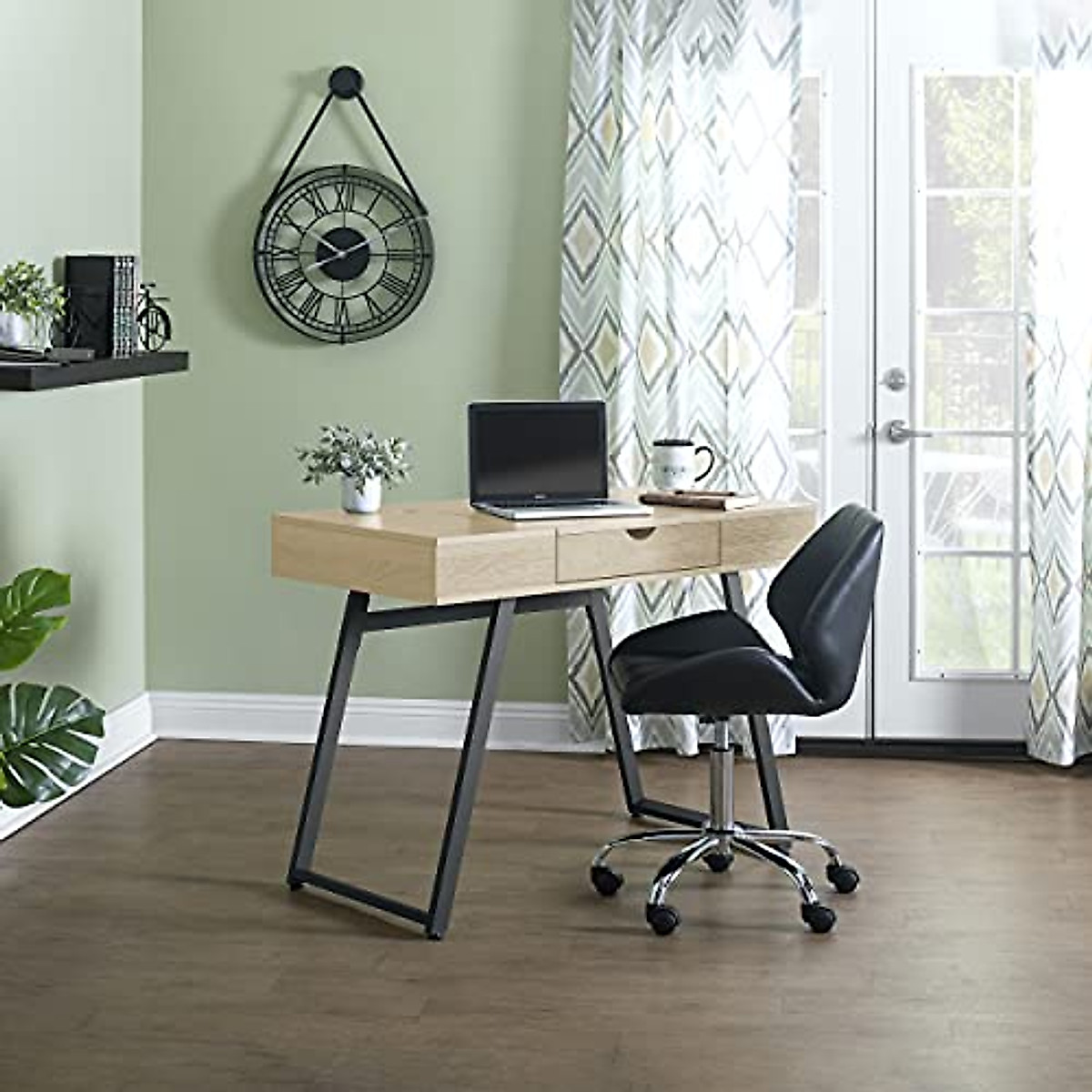 Calico Designs Rockdale Modern Office Writing Laptop Desk with Multiple Storage Compartments, Cord Management and Charging Station, Black/Honey Maple