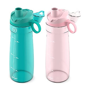 Pogo 32oz Plastic Resuable Water Bottle 2-Pack with Chug Lid and Carry Handle, BPA Free, Sport and Travel Friendly, Dishwasher Safe, Aquaviva/Pink Satin