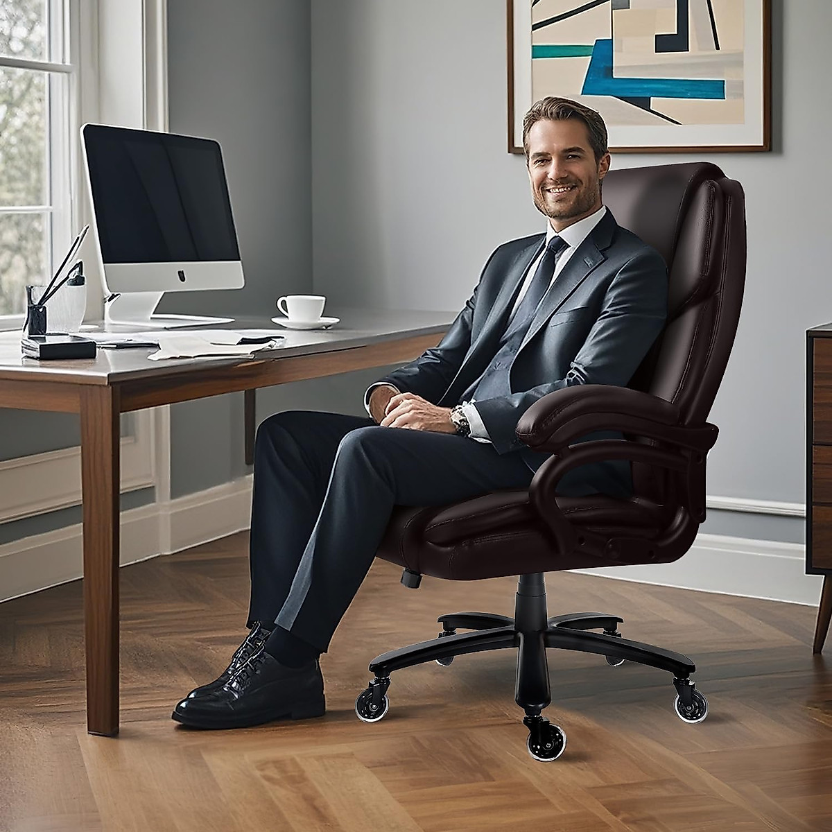 Waleaf Heavy Duty Office Chair 500lbs, Big and Tall Office Chair for Heavy People, Adjustable Ergonomic Lumbar Support Executive Office Chair with High Back with Quiet Rubber Wheels (Brown)