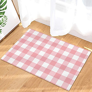 Floor Rug Indoor Door Mat, Valentine's Day Pink and White Buffalo Check Gingham Romantic Non-Slip Absorbent Low-Profile Entrance Doormat for Kitchen/Bathroom/Laundry Room, 18"x30"