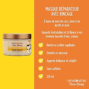 Hair Mask by Creme of Nature, Pure Honey, Coconut Oil and Shea Butter Formula, Moisture Replenish & Strength, 11.5 Oz