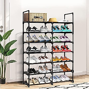7-Tier Shoe Rack Storage Organizer for Closet, 28 Pairs Shoes and Boots Shelf Organizer, Durable Metal Pipes and Plastic Connectors Shoe Shelf Organizer for Entryway, Hallway, Living Room, Black