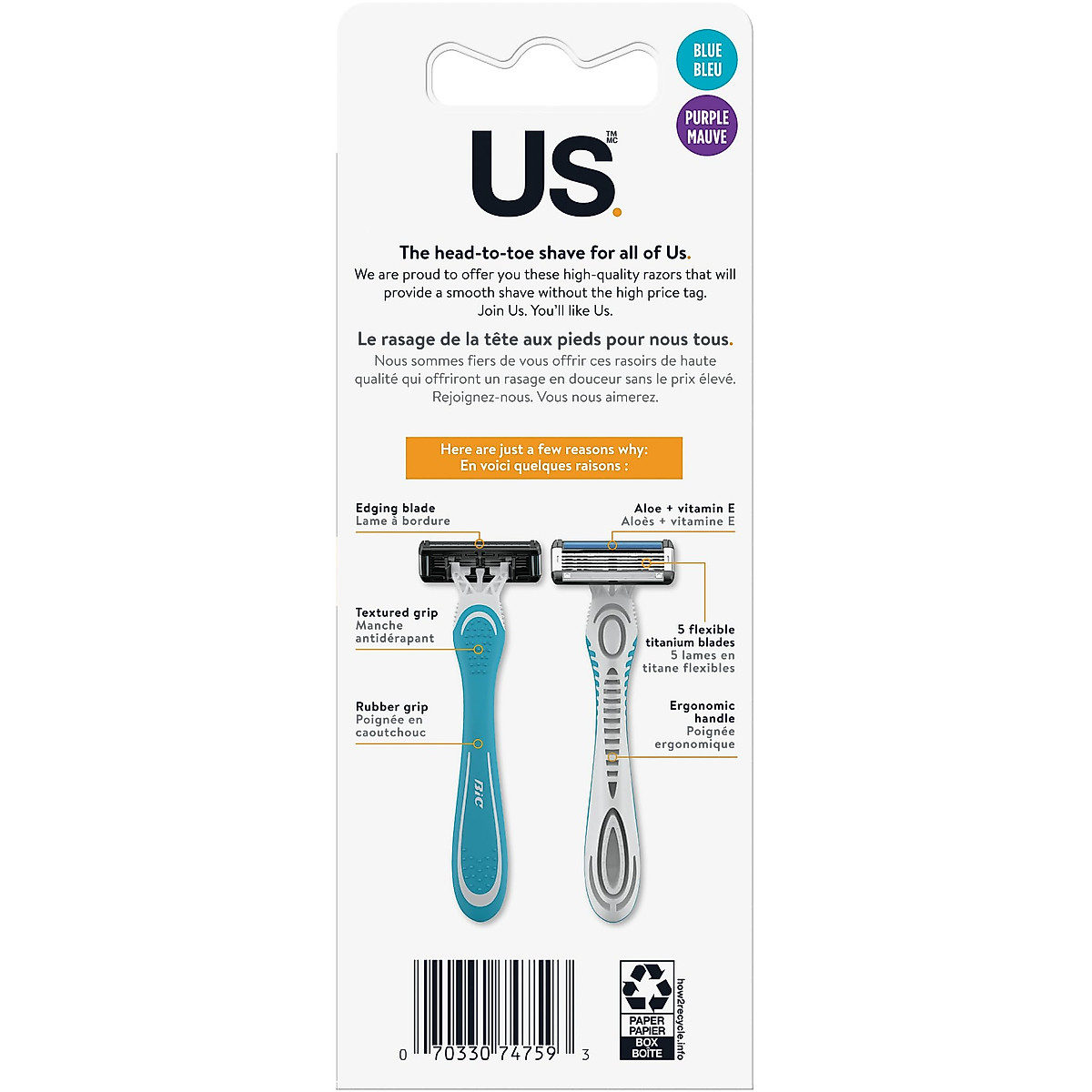 BIC Us. 5-Blade Unisex Disposable Razors For Men and Women, Lubrication Strip For a Smooth, Close Shave, 2-Count