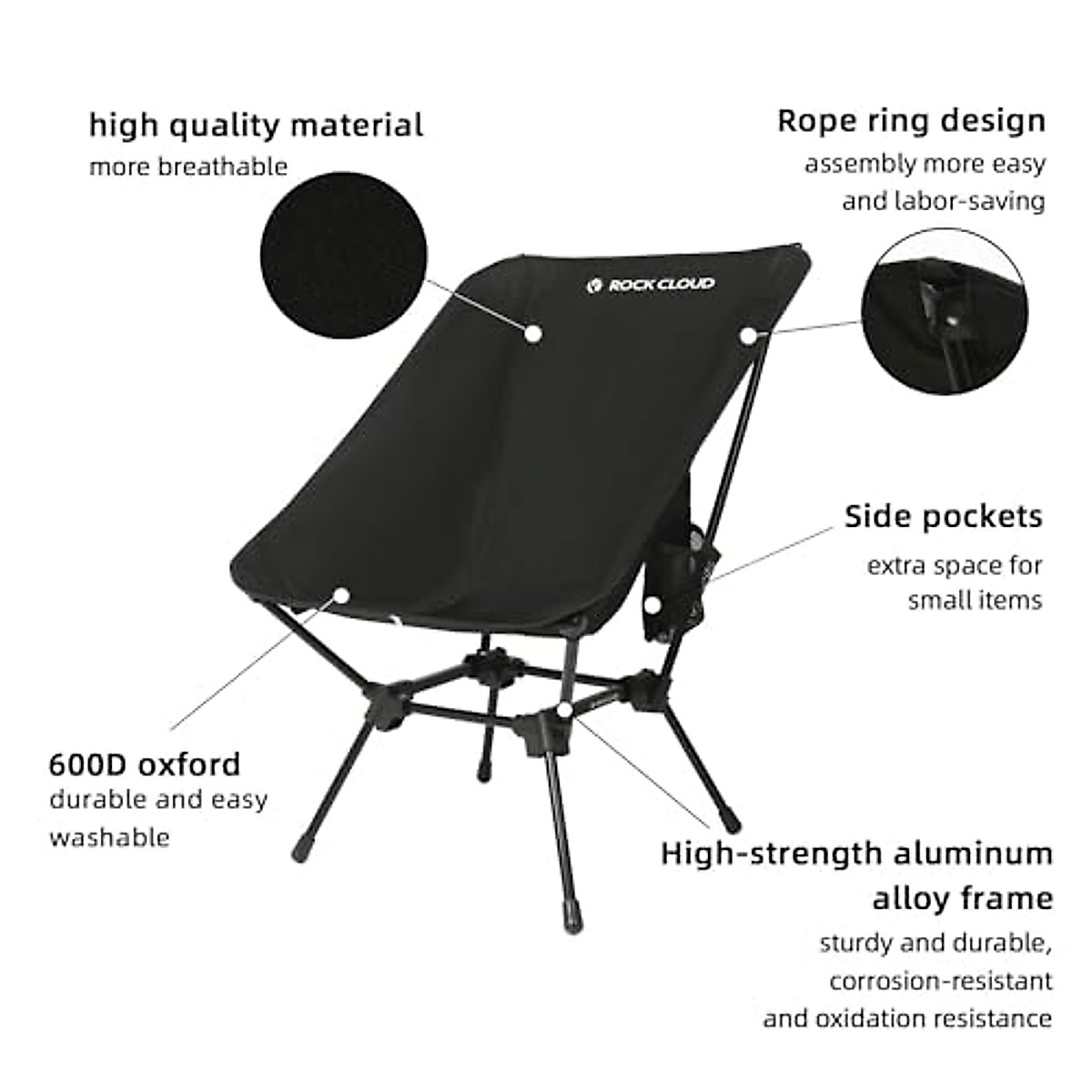 ROCK CLOUD 2 Pack Portable Compact Camping Chair Ultralight Folding Chairs Outdoor Lrage-Size for Camp Hiking Backpacking Lawn Beach Sports, Two-Heights Adjustable (Black-Large)