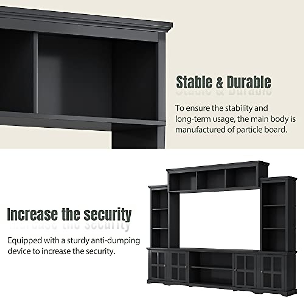 Mid-Century Entertainment Wall Unit for Living Room with Storage Bridge, TV Stand for 60 65 Inch TVs, Wood TV Media Console Table with Shelves, Gaming Entertainment Center with Bookshelves, Black