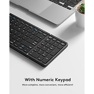 Foldable Bluetooth Keyboard with Numeric Keypad, Samsers Full-Size Wireless Folding Keyboard with PU Leather, Portable Travel Keyboard for iOS Android Windows Mac OS, Support 3 Device(BT5.1 x 3)-Black