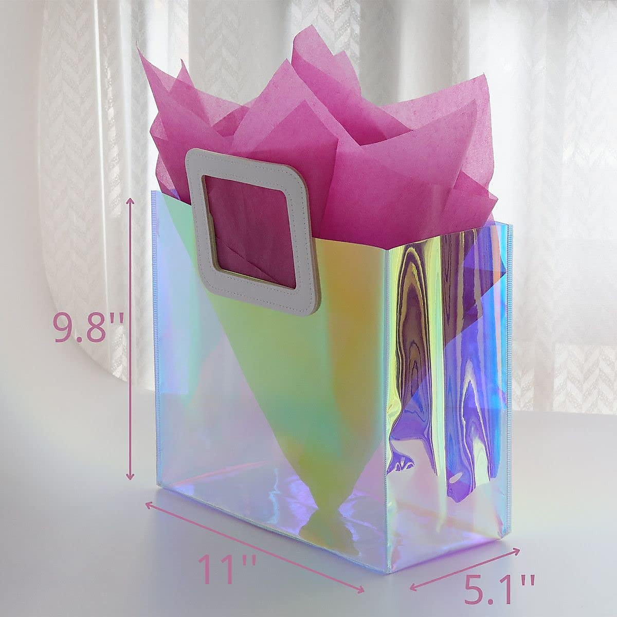 VUOJUR 11'' Holographic Medium Gift Bag with Tissue Paper Reusable Birthday Gift Bag for Women Girls Iridescent Bachelorette Wedding Bridal Bridesmaid Tote Gift Bag (Pack of 1, M Orchid)