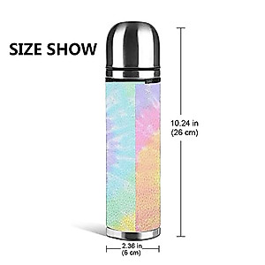 Pastel Tie Dye Water Bottle Stainless Steel Insulated Thermos Metal Resuable Vacuum Bottle With Leather Bottle Holder 16 Oz(500 Ml)