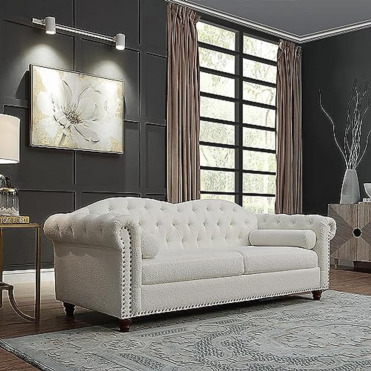 Lunanniu 81" Teddy Fabric Chesterfield Tufted Fabric Sofa 3 Seat Capacity Rolled Arm Nailhead Trim Thick Cushion Deep Seat Button Tufted Back Cozy Stylish for Living Room Apartment White