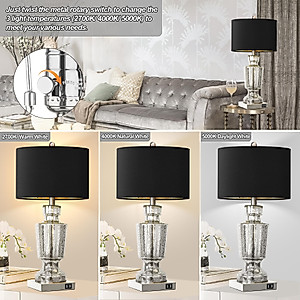 Set of 2 Mercury Crackle Glass Lamps for Bedroom with 2 USB Ports 3-Color Temperature Dimmable Contemporary Silver Living Room Lamps Modern Nightstand Lamps with Black Lampshades(Bulbs Included)