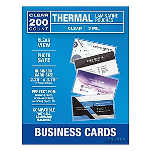 Integrity Business Card Size Thermal Laminating Pouches, 3 Mil Thickness, 2.25 x 3.75 inch, Acid Free, Compatible with All Brands of Thermal Laminators, 200 Pack