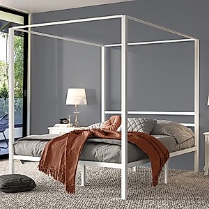YITAHOME Canopy Bed Frame Metal Four Posters 14 Inch Platform with Built-in Headboard Strong Metal Slat Mattress Support, No Box Spring Needed, White, Queen Size