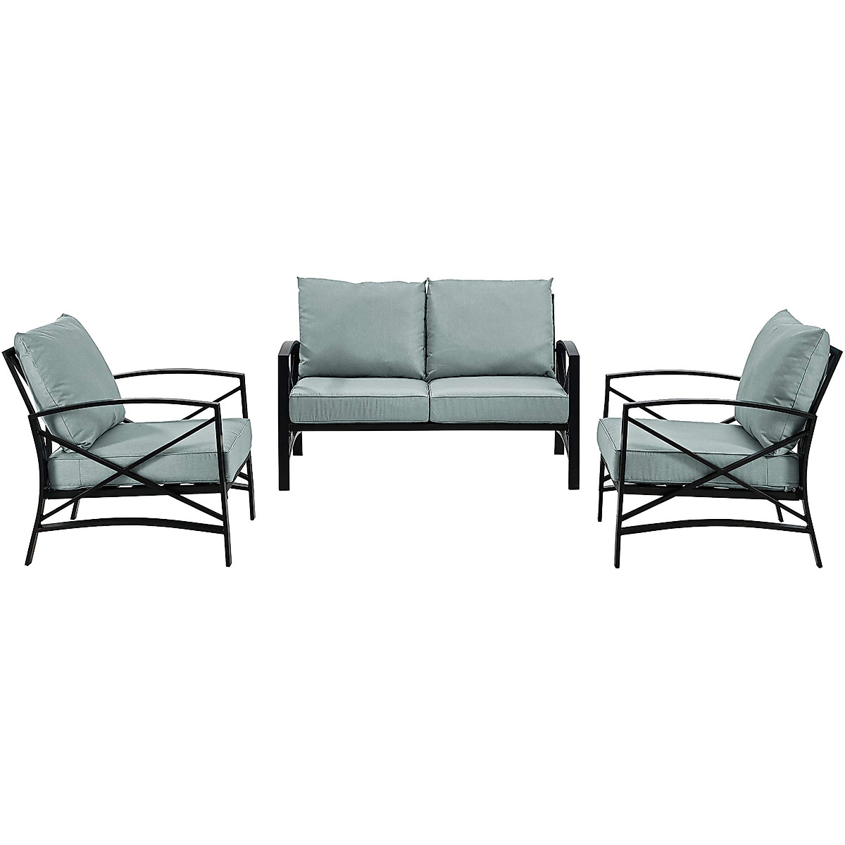 Crosley Furniture Kaplan 3-Piece Outdoor Loveseat Patio Furniture Set, Conversation Sets for Porch, Deck, White with Navy Cushions
