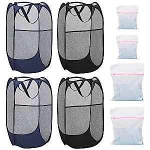4Pcs Mesh Pop Up Laundry Hamper, FHDUSRYO Foldable Pop Up Hamper, Collapsible Laundry Basket with Carry Handles, Portable Dirty Clothes Basket with 4 Wash Bags, Mesh Hamper for Dorm Bedroom Travel