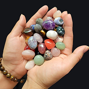 Rocktone 10once Gemstones Beads Tumbled Healing Stones Energy Crystals Pocket Stones Natural Polished Gemstones with 3 Sets Crystals Pendants for Wicca, Reiki, Jewelry Making 0.5''-1''