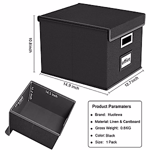 Huolewa Upgraded Portable File Organizer Box, Large Linen Hanging Office Document Storage Box with Lid - Black, Collapsible Filing & Storage Boxes for Office/Decor/Home - 14.9 x 12.59 x 10.8 inch