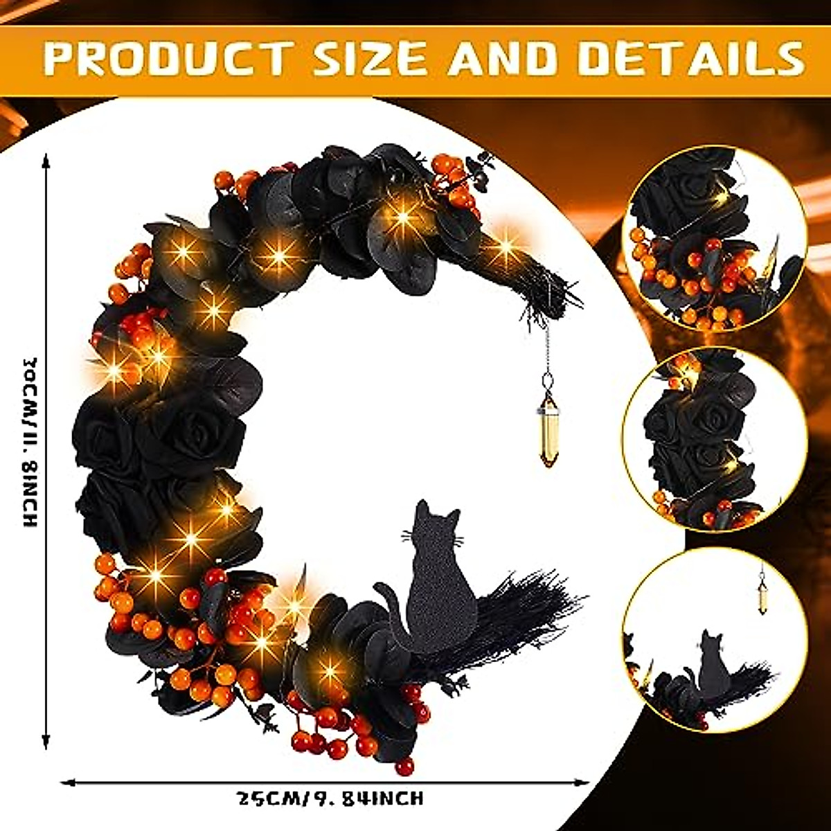Ceenna Halloween Wreaths Moon Cat Wreath with Rose Cat Door Wreath Cute Cat Garland Light up Moon Cat Wreath with Rose for Front Door Indoor Outdoor Window Farmhouse Porch Wall (Orange Berry)