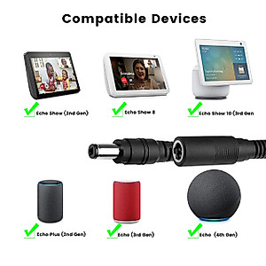 Show 8 Power Cord 16ft Extension Cable Replacement for Echo 4th Gen / 3rd Gen, Echo Show 10 (3rd Gen), Show (2nd Gen), Alexa Plus (2nd Gen) - Long Black Flat DC Plug Adapter Charger Extender