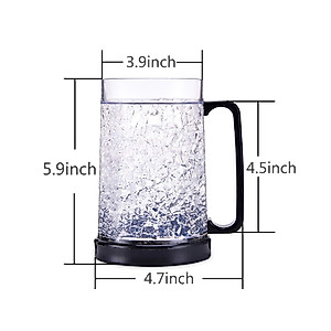 Freezer Ice Beer Mugs, Drinking Glasses, Double Wall Gel Frosty Beer Mugs, Cooling Wine Cups for Parties and Gifts, Clear 16oz Set of 3 (Blue, Red and Black)