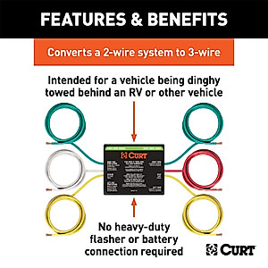 CURT 56196 2-to-3-Wire Splice-in Trailer Tail Light Converter for RV Dinghy Towing , black