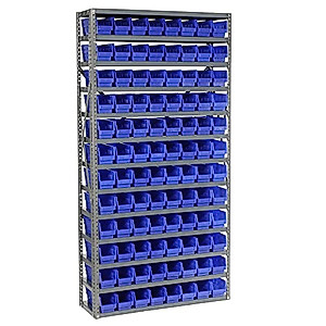 Global Industrial 13 Shelf Steel Shelving with (96) 4" H Plastic Shelf Bins, Blue, 36x12x72