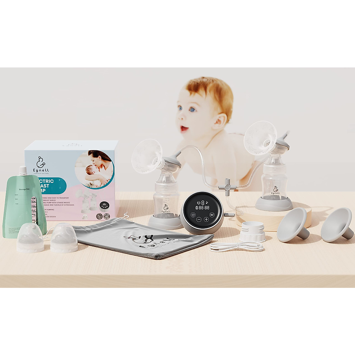 EGNELL Double Electric Breast Pump with Milk Bags - Quiet and Portable with 6 Modes and 9 Levels of Suction - Touch Screen LED Display and USB Charger