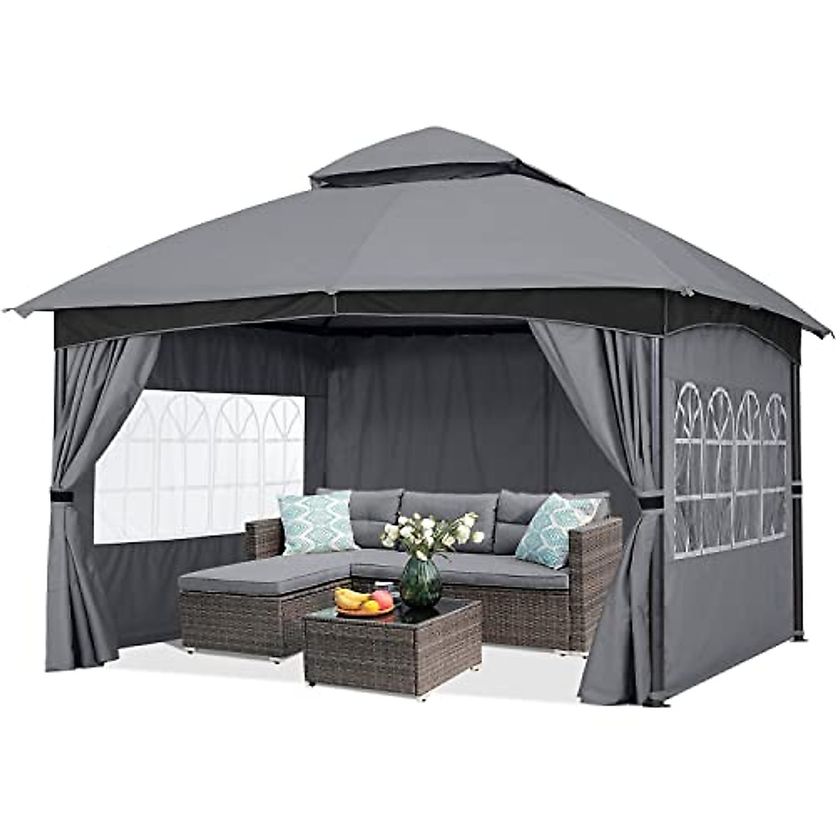 COOSHADE 10x12 Patio Gazebo with Window Curtains Canopy Tent for Outdoor Garden Backyard Dark Grey