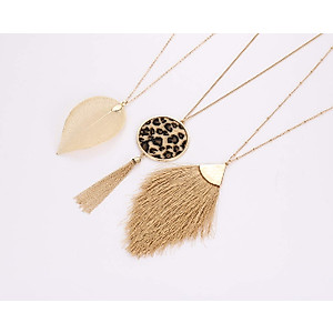 LENOOCLE Long Necklace for Women Tassel Pendant Necklace Leaf Necklace Leopard Print Leather Y Shape Lariat Sweater Necklace Set