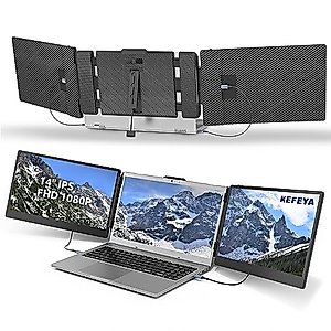 KEFEYA Laptop Screen Extender,14" Triple Screen Laptop Monitor Extender, 1080P FHD Portable Monitor for 13"-17.3" Laptops, HDMI/USB-A/USB-C for MacBook, Windows, Chrome, Switch, Plug and Play