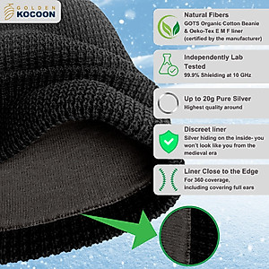 Golden Kocoon®- E-M-F Organic Cotton Beanie with EcoShield™ Tech Bamboo Lyocell Faraday Fabric Silver Liner- Adult Size Hat in Black -5 g, BT, Smart Meters & WiFi- Cocoon Cap