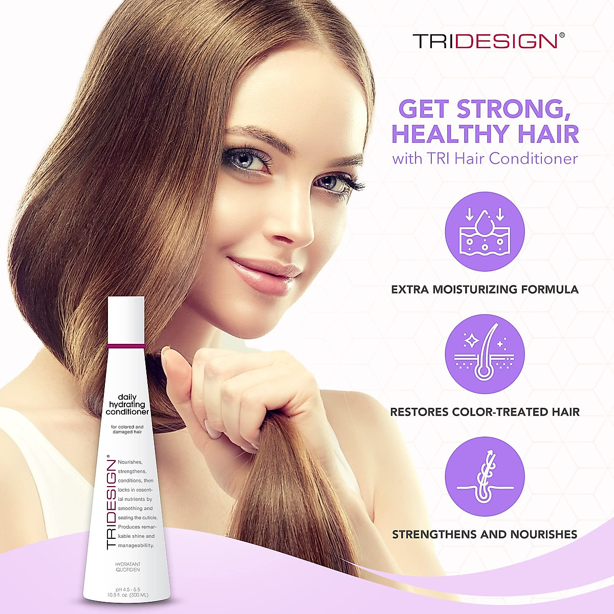 TRI Design Hydrating Conditioner for Women - Extra Moisturizing, Restorative Conditioner for Dry, Damaged, and Colored Hair - Adds Luminous Volume and Healthy Shine - 10.5 Fluid Oz