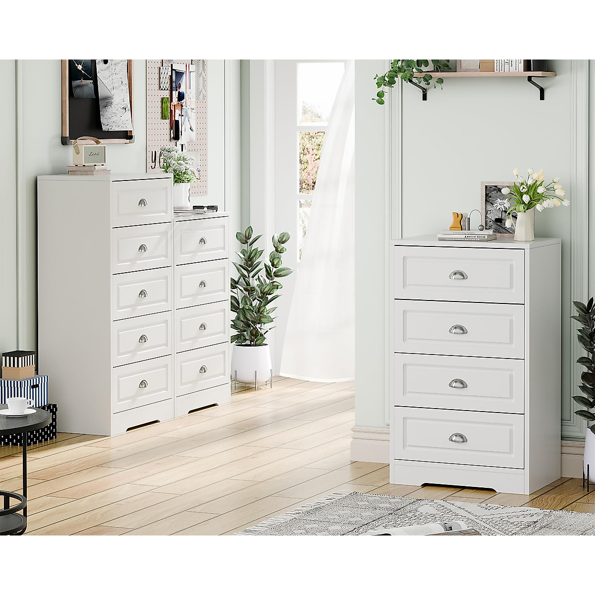 SUNLEI 4 Drawer Vertical Dresser, Tall White Dresser, Trapezoidal Design with Handle-Drawer Chest for Ample Storage, Chest of Drawers for Bedroom, Entryway, Living Room, Hallway (White, 4 Drawer)