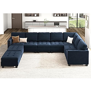 HONBAY Velvet Convertible Sectional Sofa with Storage Ottoman Oversized U Shaped Couch with Reversible Chaise Corner Sectional Sofa, Dark Blue