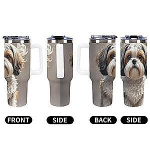DWVSFJM Shih Tzu Dog Insulated Tumbler 40 Oz Stainless Steel Double Wall Vacuum Travel Mug Large Capacity Car Cup Reusable Coffee Cup with Handle And Straw Lid Gifts White