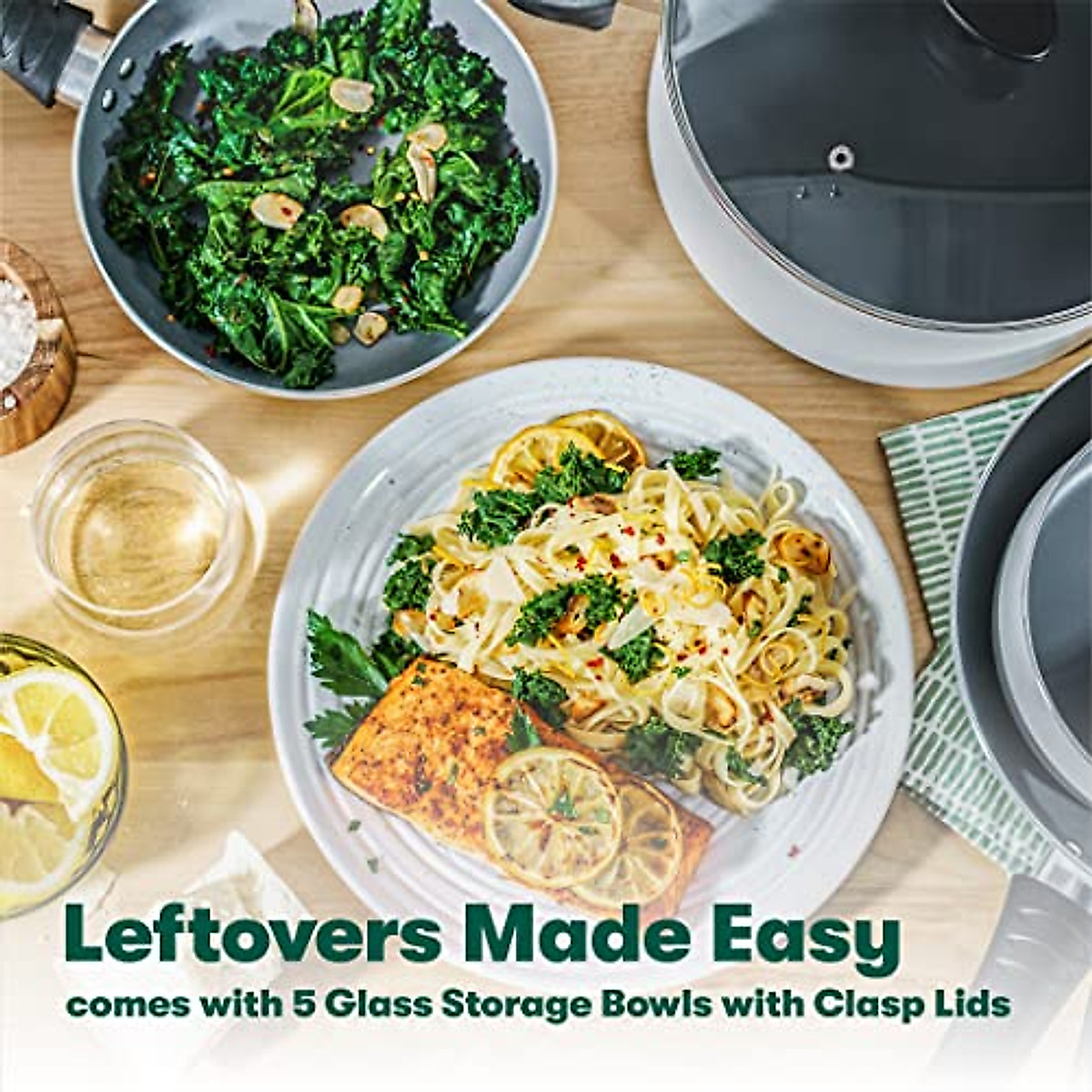 BELLA Cookware Set, 12 Piece Pots and Pans with Utensils, Nonstick Scratch Resistant Cooking Surface Compatible with All Stoves, Nylon and Aluminum, Cream