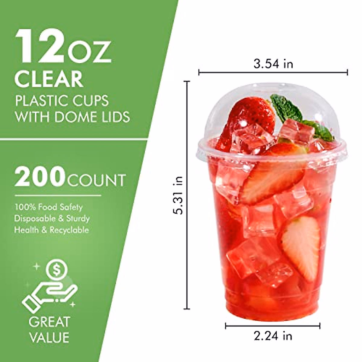 FOCUSLINE 200 PACK 12oz Clear Plastic Cups, Disposable Cold Drinking Cups, 12 Ounce Clear Cups with Dome Lids with Holes for Smoothie, Milkshake, Bubble Tea, Parfait