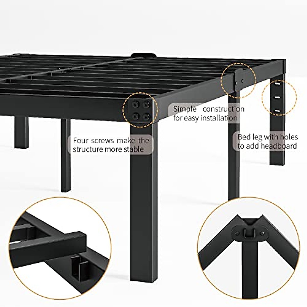 Gdduck 18 Inch Queen Size Bed Frame Platform Metal Bed Frame with Storage，Sturdy Steel Frame No Box Spring Needed,Black Frame Heavy Duty Noise-Free,Easy Assembly，Support up to 3500lbs