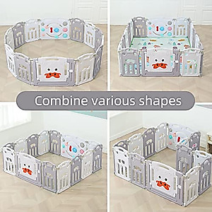 UNICOO – Baby Playpen, Foldable Kids Fence Activity Center, Safety Playard with Lock Door and Games Station Non-Slip Rubber Bases, Adjustable Shape, Portable Design for Indoor Outdoor Use (Grey)