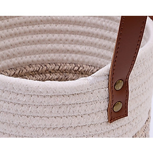 Hanging Storage Baskets Set of 2 For Wall/Door/Garage/Cabinets/Closet Organizer 6.7"x7.9" Small Woven Cotton Rope Basket with Leather Handle Home Décor for Plants